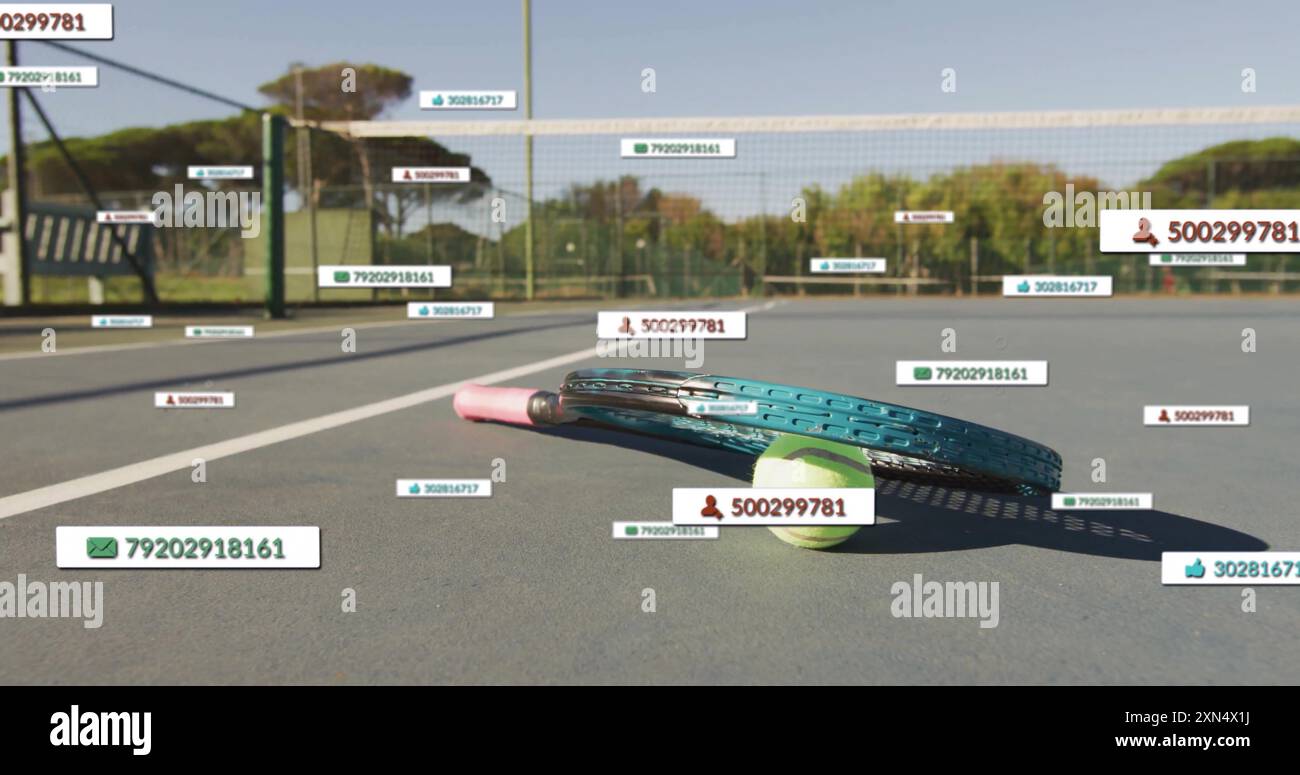 Image of social media icons with growing numbers over tennis ball and ...