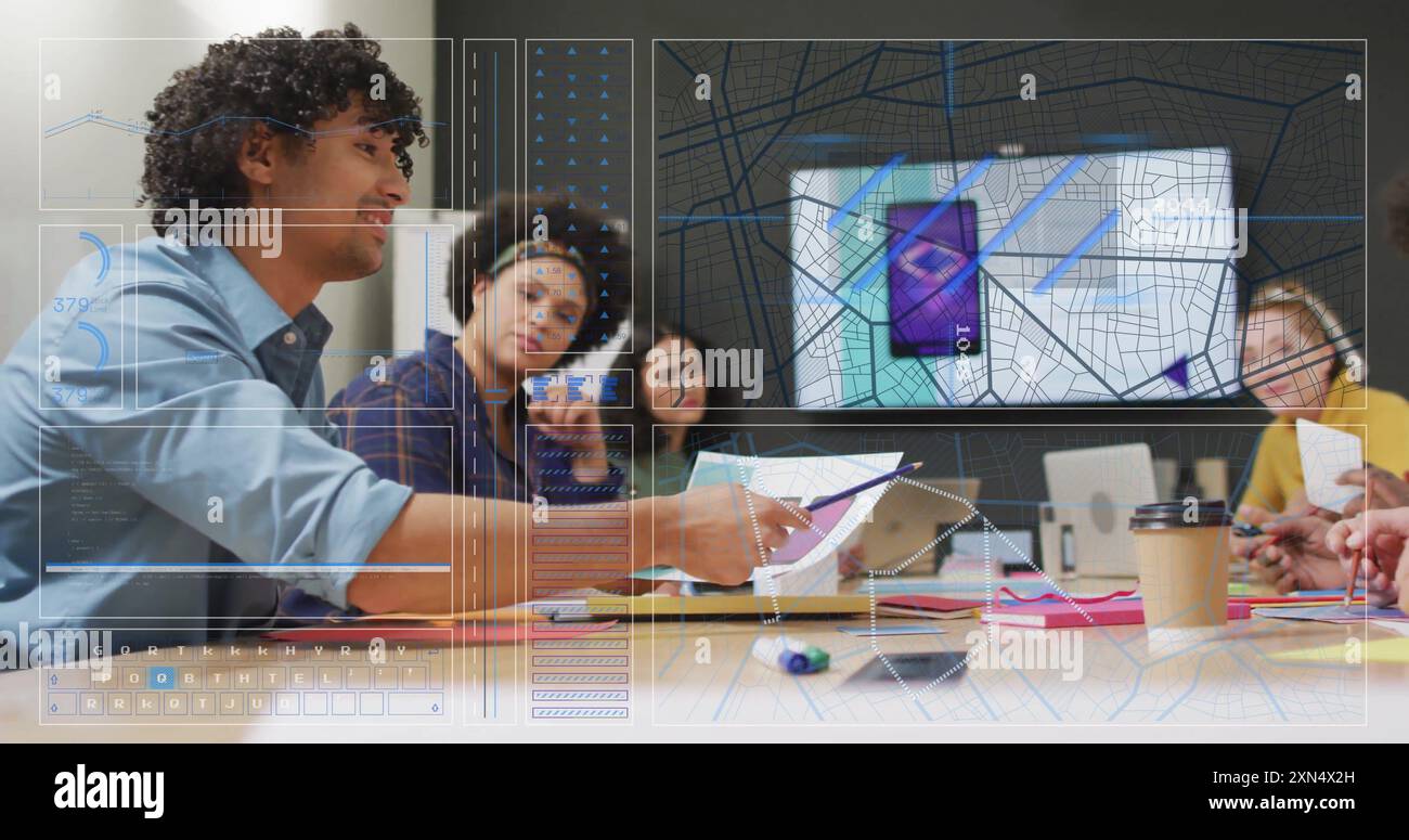 Analyzing data and charts image over diverse team in meeting room ...