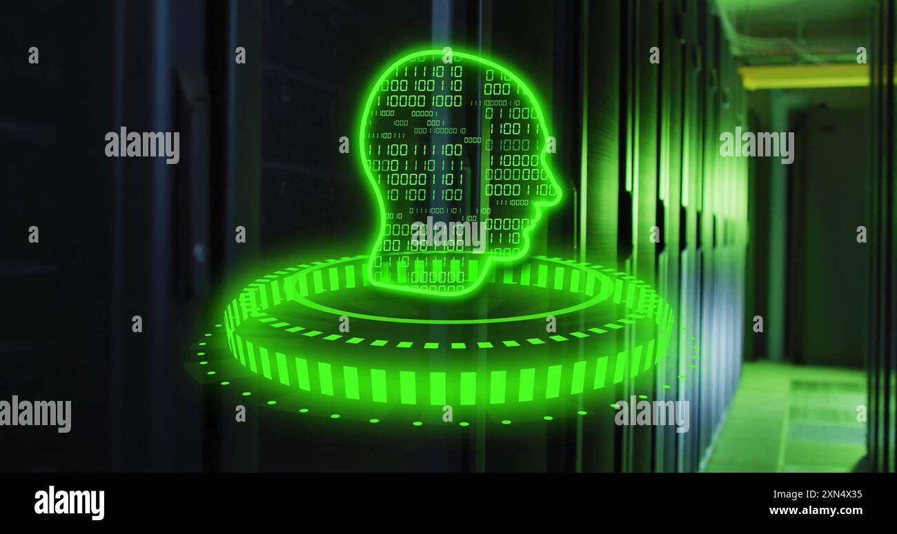 Binary code human head and digital interface image over server room ...