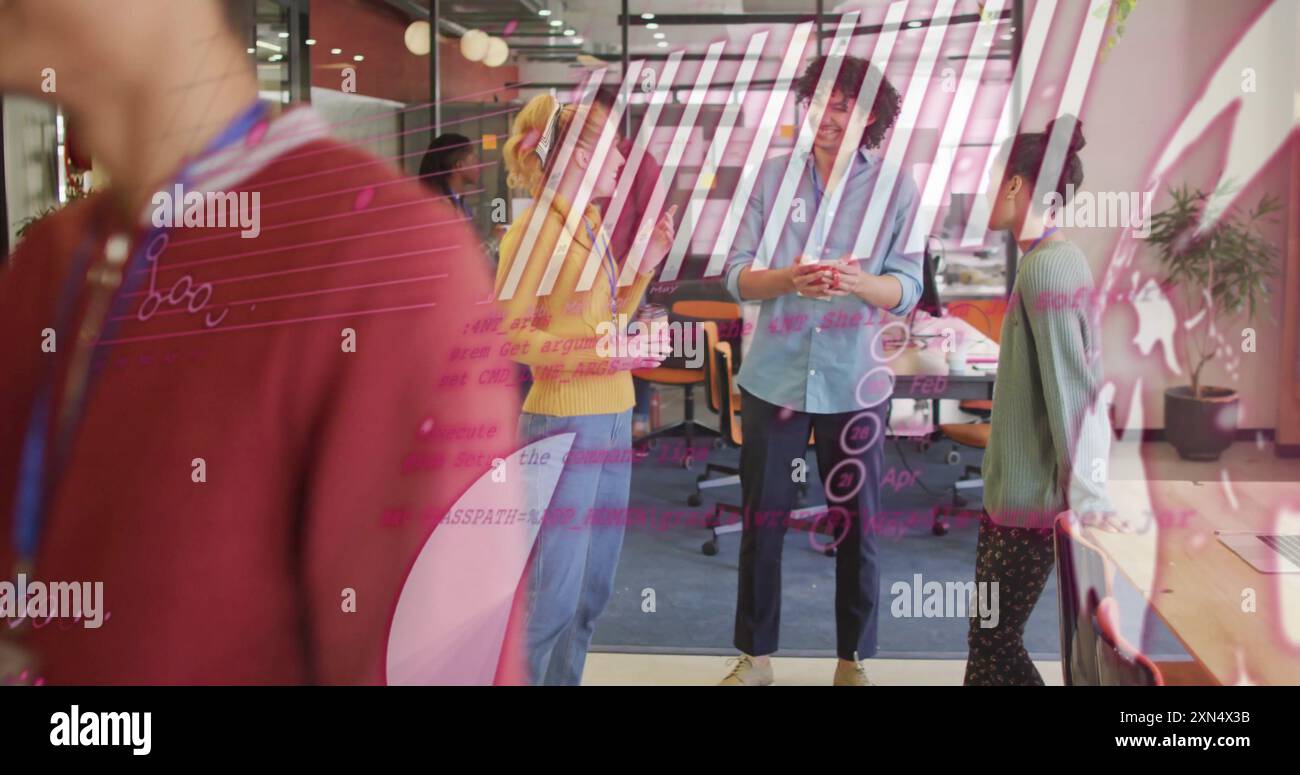 Business Team Collaborating Over Pink Image Of Data And Graphs In Office Teamwork