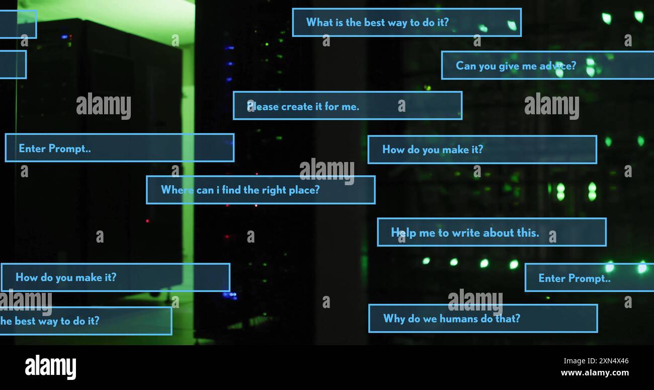 Text image over server room with various questions about creating and finding things Stock Photo ...