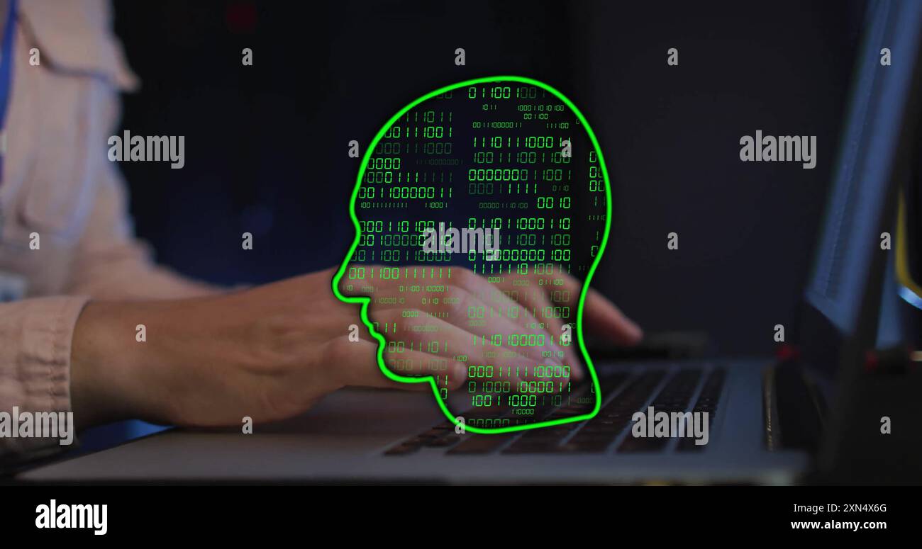 Typing on laptop, hands over binary code and human head image. Technology, coding, programming ...