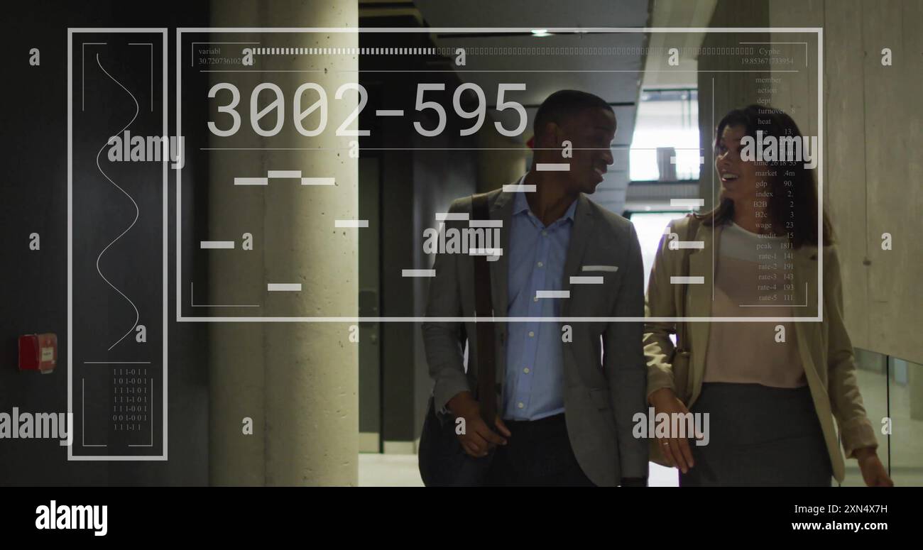 Business professionals walking in hallway with digital code overlay ...