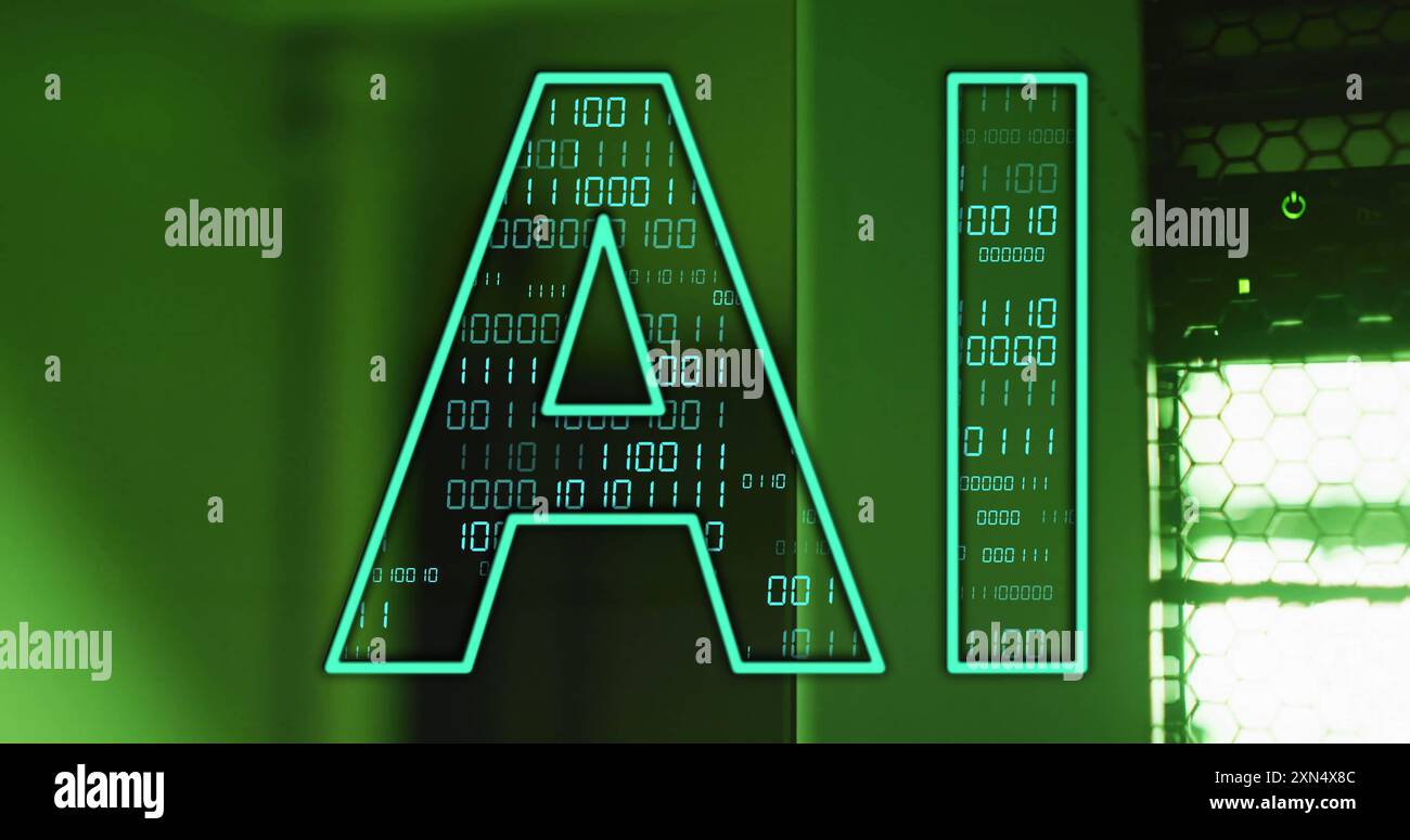 AI text with binary code image over green background. Artificial ...