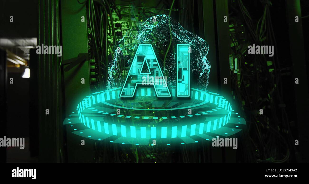 AI text image over futuristic digital interface in server room ...