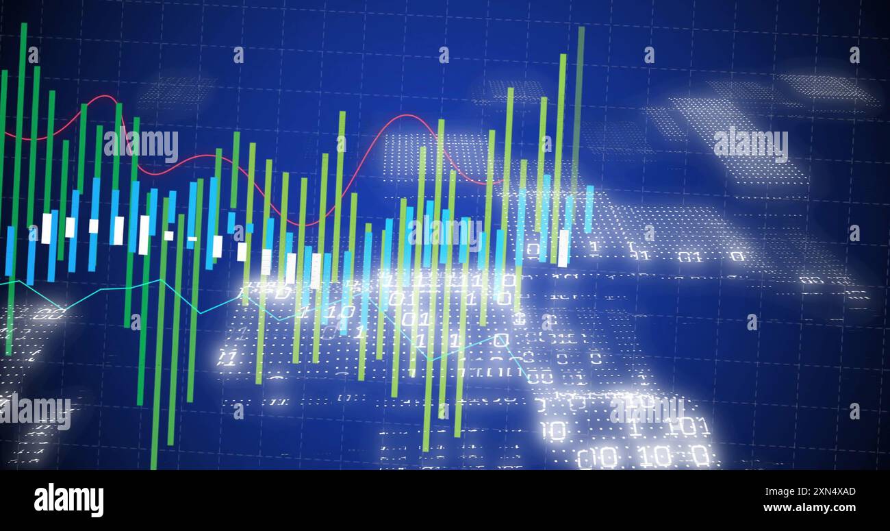 Financial data and stock market image over digital world map background ...