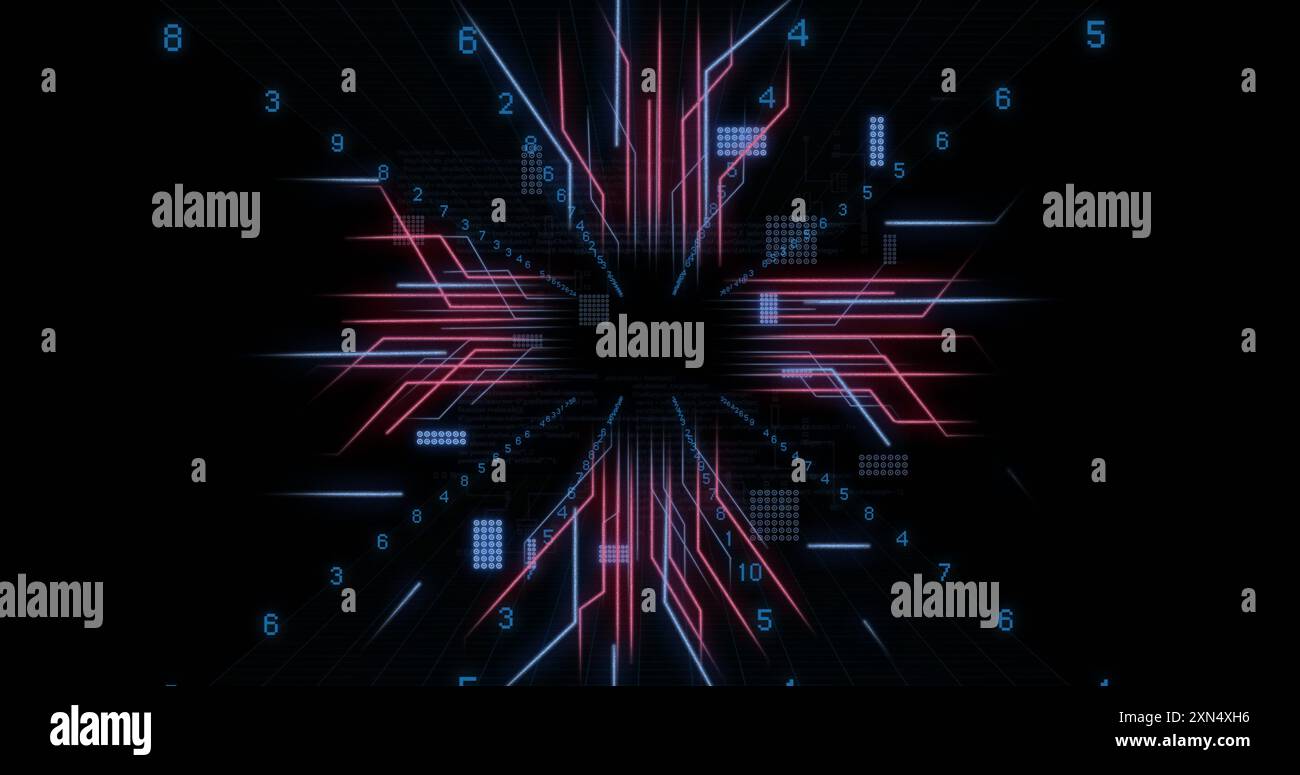 Image of digital data processing and circuit board over black ...