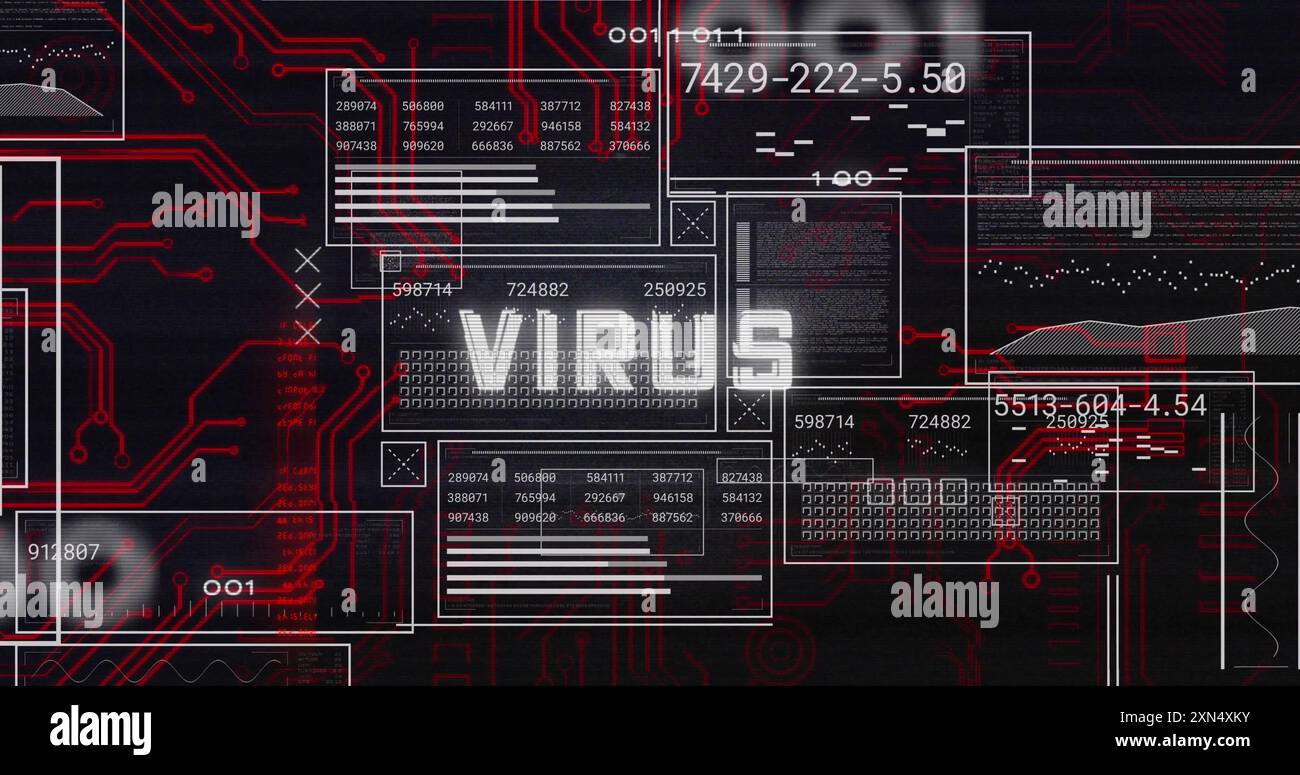 Image of virus text and data processing on interface screens on black ...