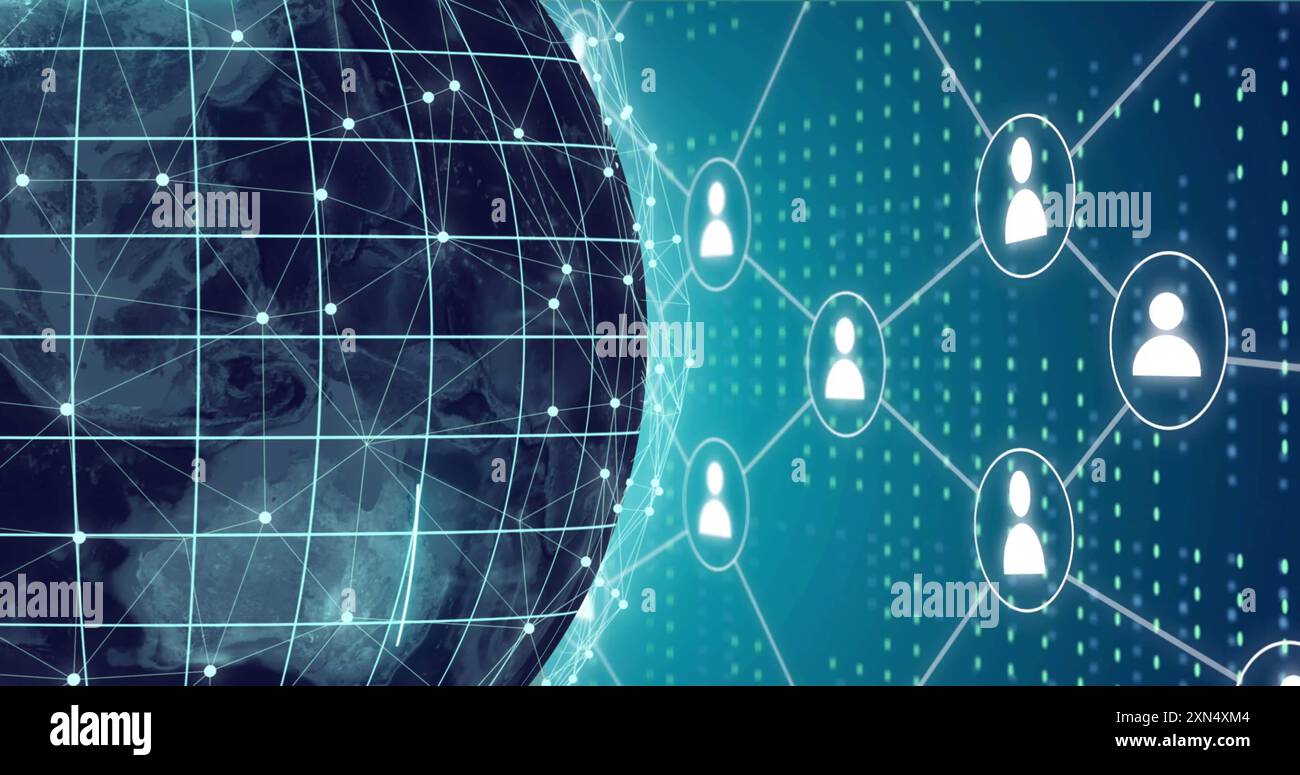 Image of rotating global network over network of people icons on blue ...
