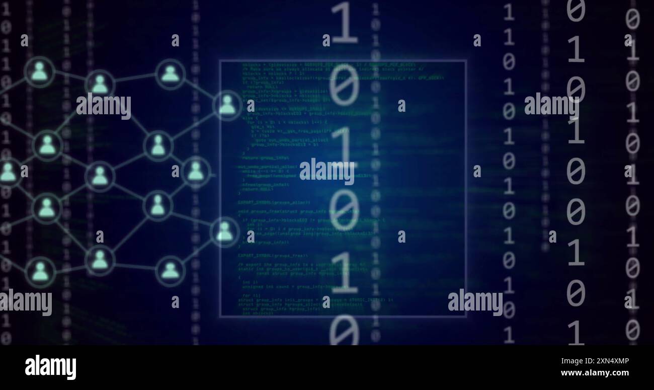 Image of moving layers of processing data and people networks on dark ...