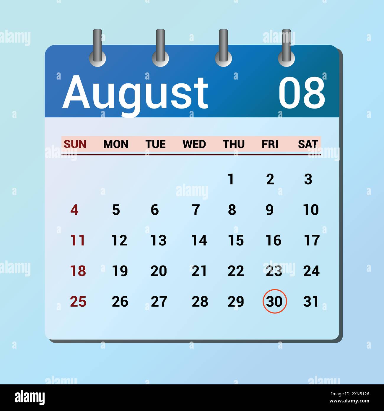 August 30. Flat icon calendar isolated on blue background. Date and ...