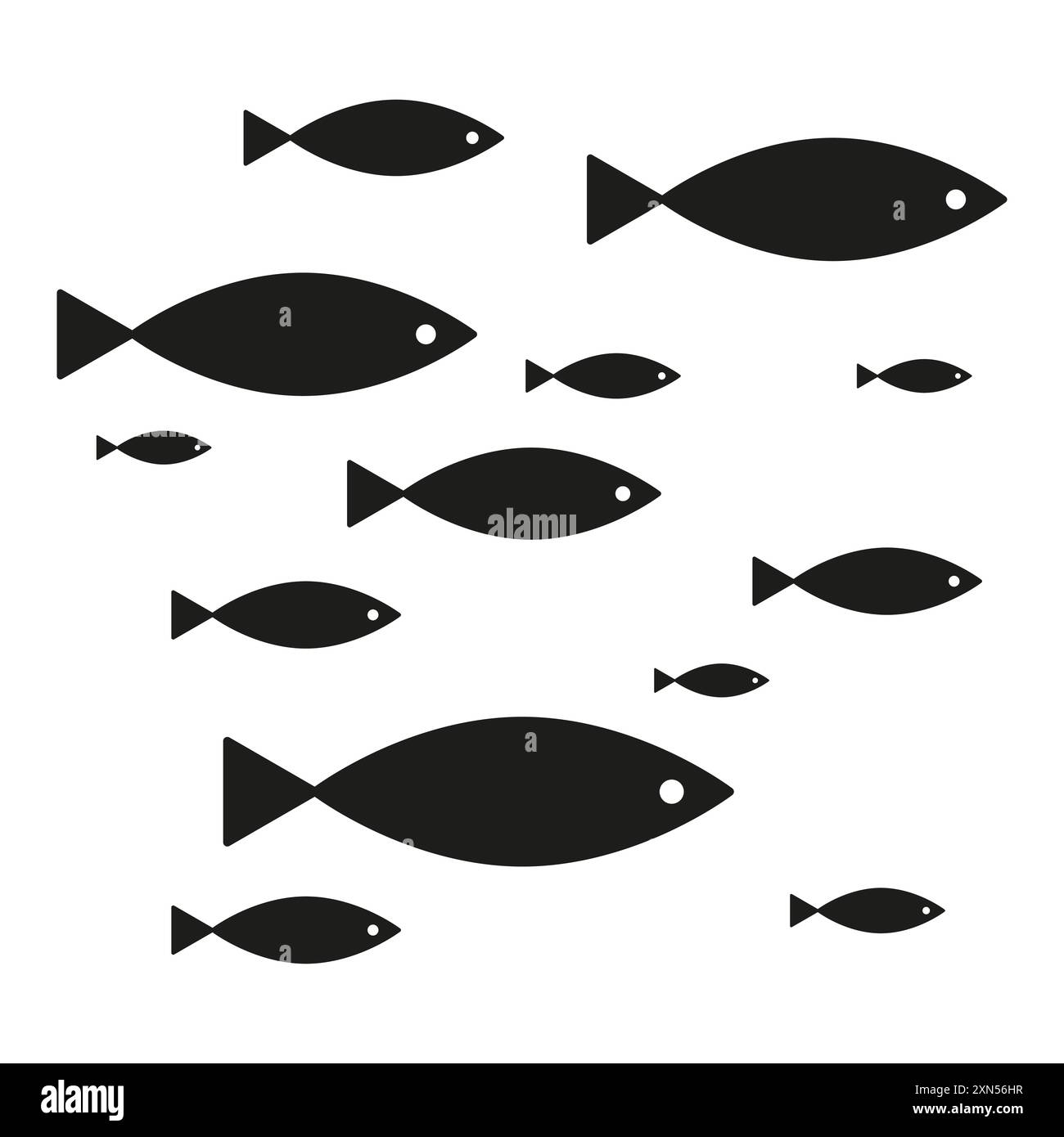 School of fish. Black vector silhouettes. Simple fish icons. Marine ...