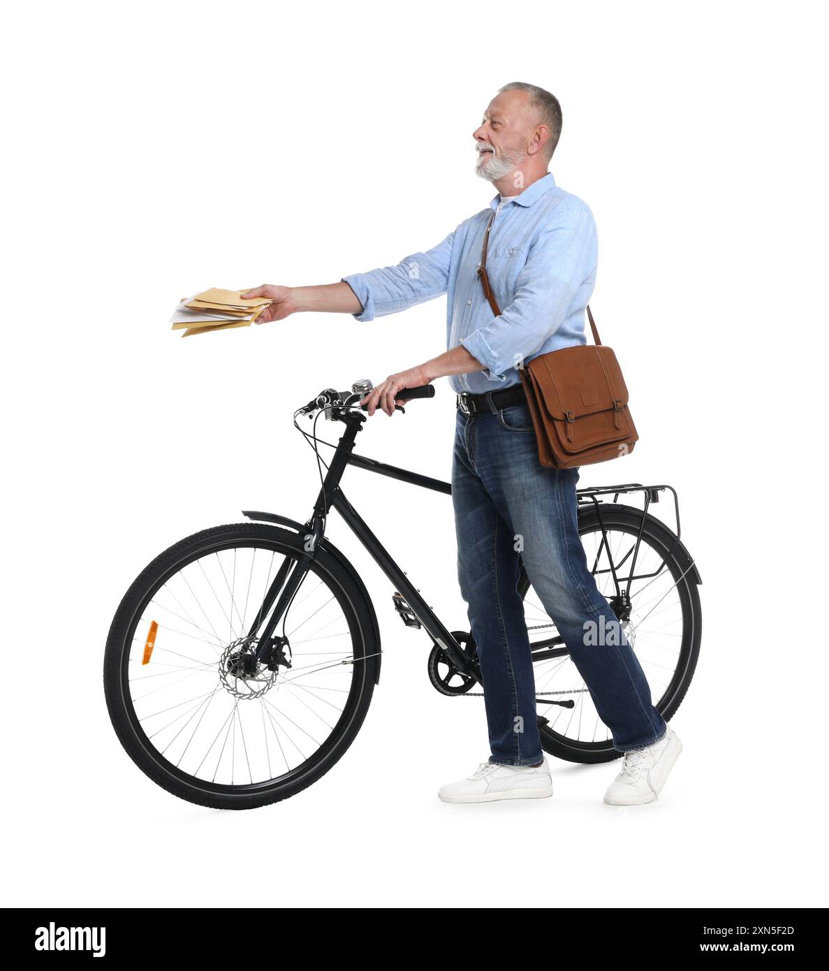 Happy postman with bicycle delivering letters on white background Stock ...
