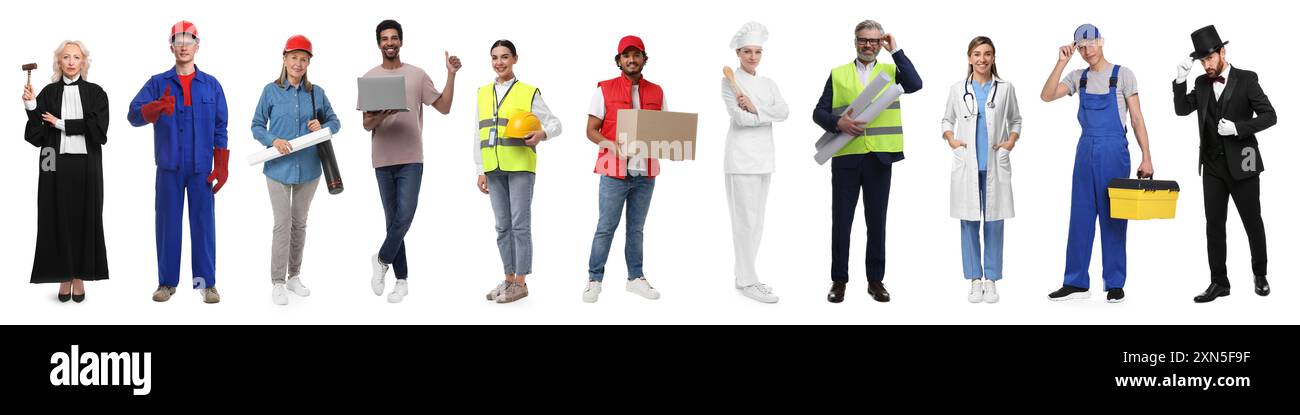 People of different professions. Collage with portraits on white ...