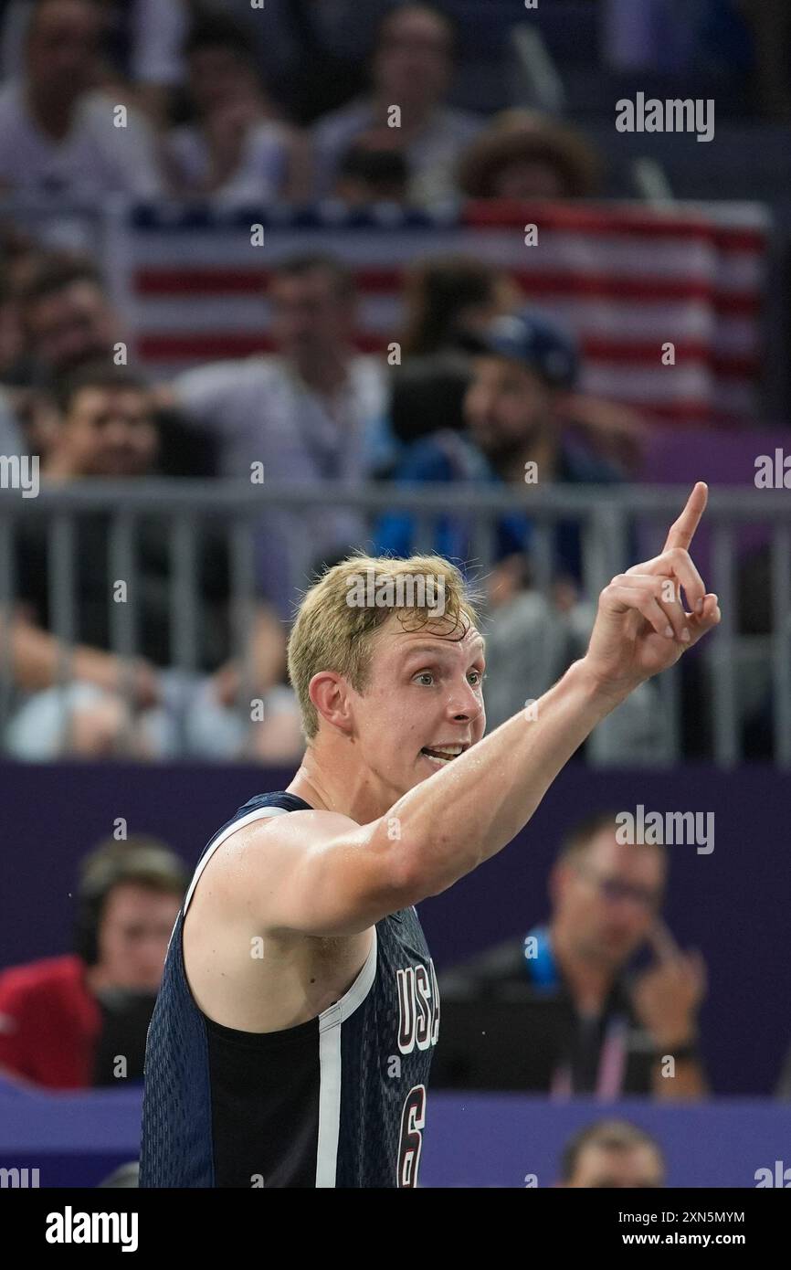 Canyon Barry of the United States gestures in the men's 3x3 basketball ...
