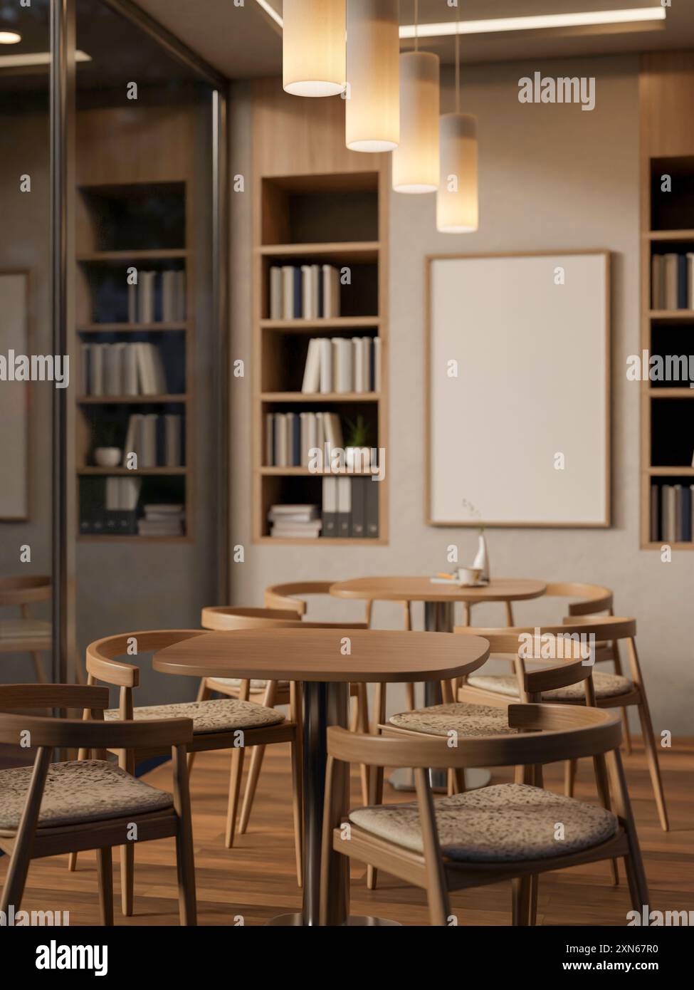 The interior design of a contemporary Scandinavian cafe seating area ...