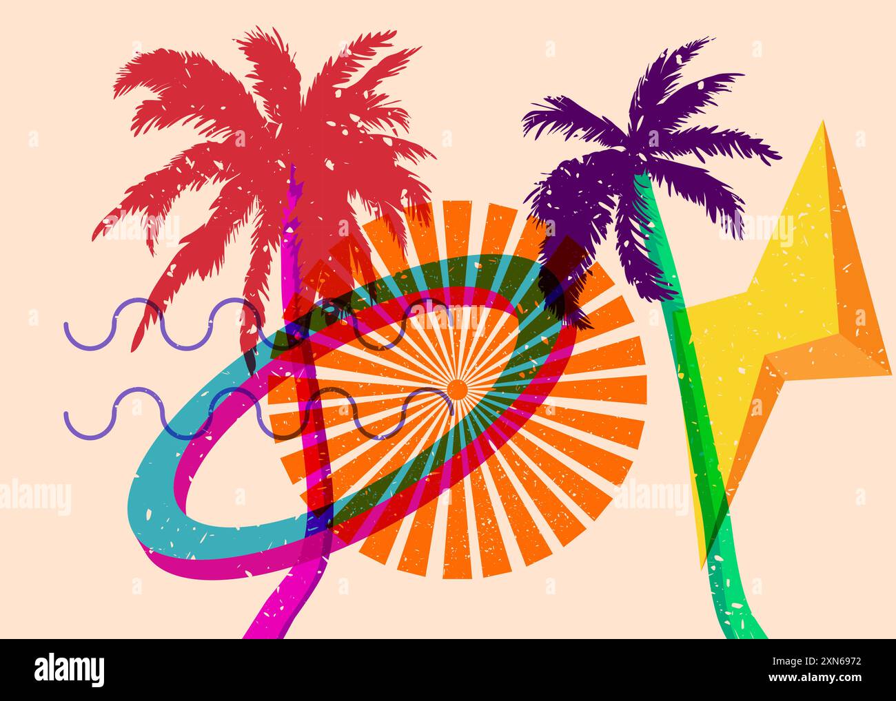 Risograph Palm Trees with geometric shapes. Objects in trendy riso ...