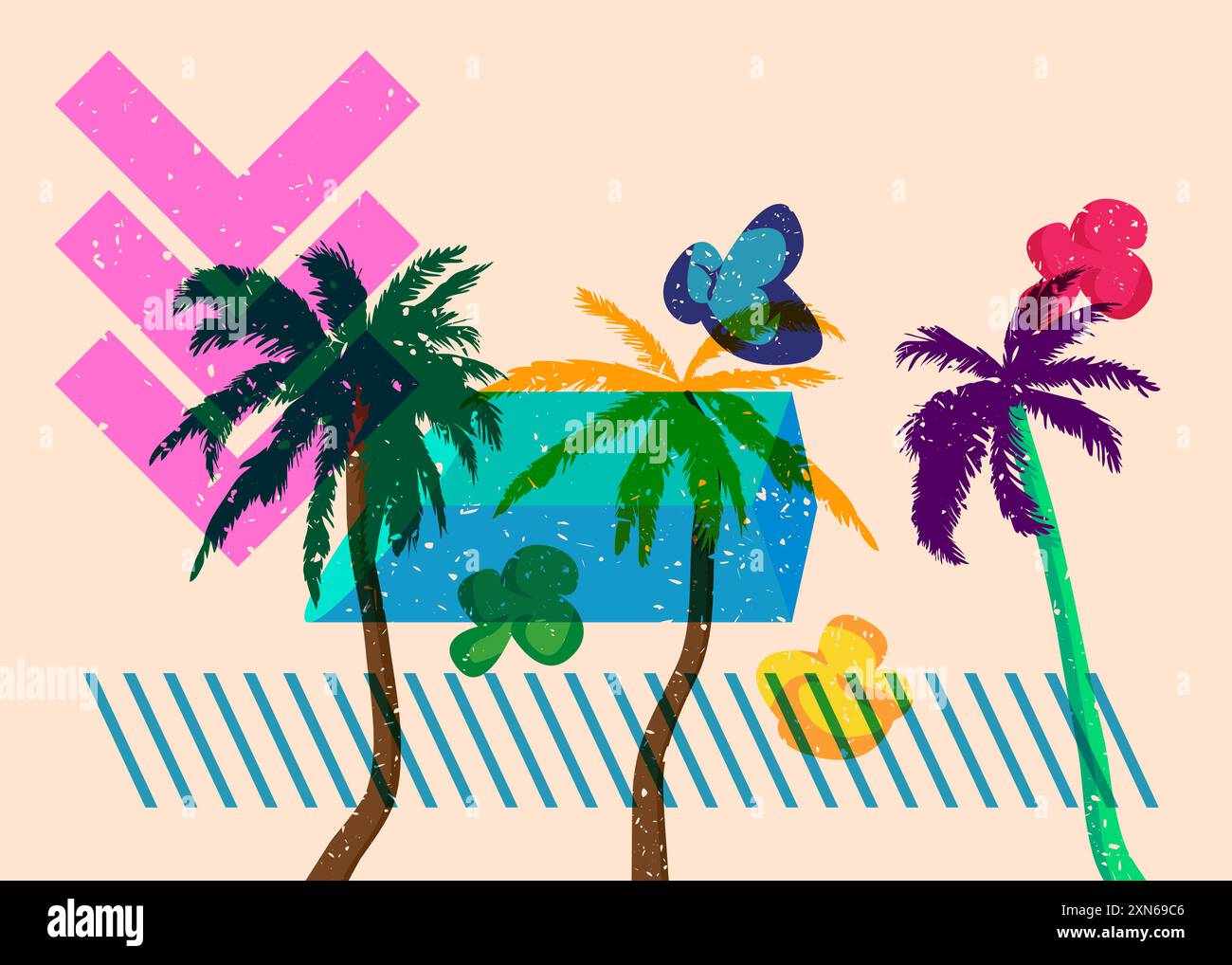 Risograph Palm Trees with geometric shapes. Objects in trendy riso ...