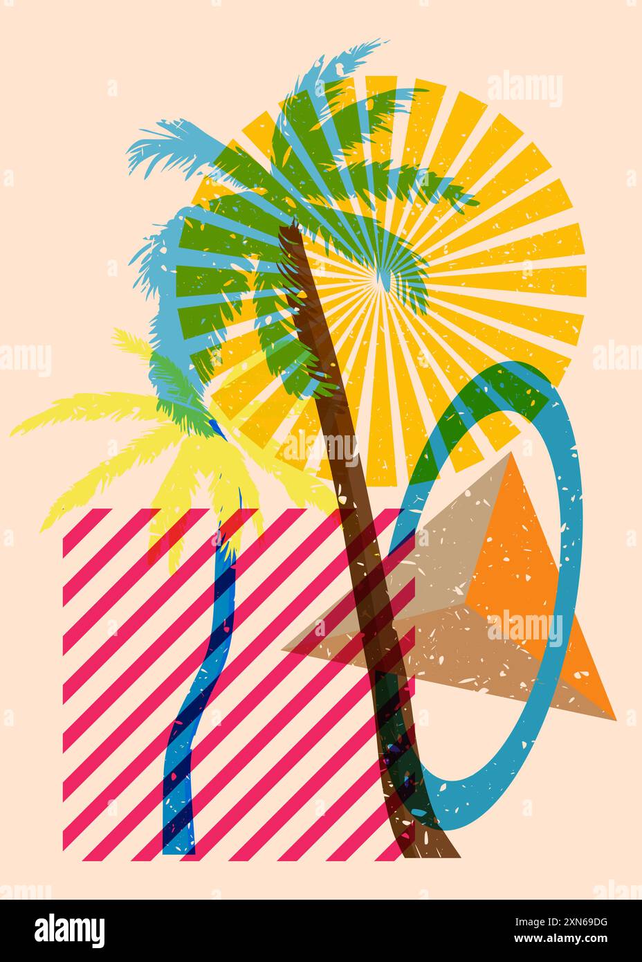 Risograph Palm Trees with geometric shapes. Objects in trendy riso ...