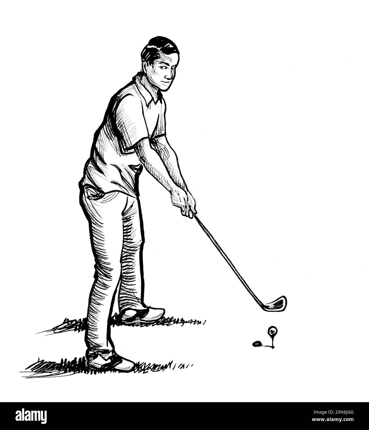 Man playing golf. Hand drawn retro styled ink black and illustration ...