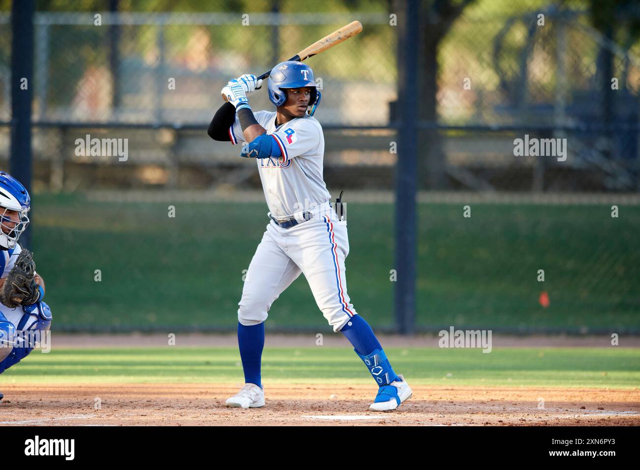 Esteban Mejia (44) of the ACL Rangers at bat during an MiLB Arizona ...