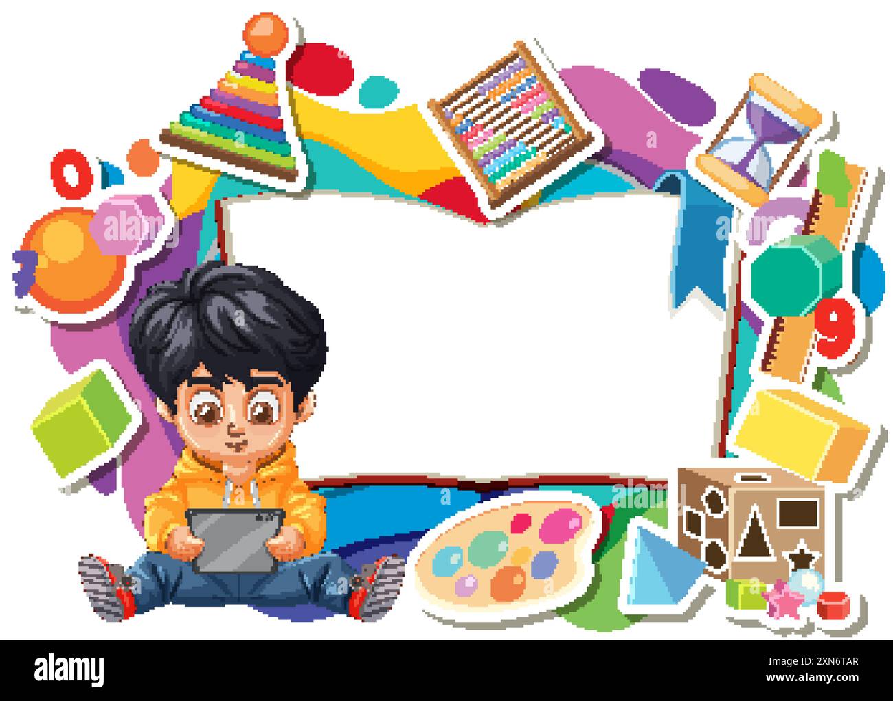 Child using tablet surrounded by educational toys Stock Vector Image ...