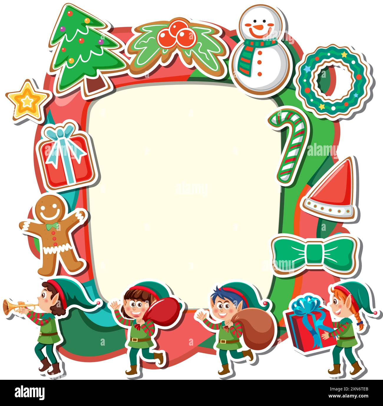 Colorful Christmas-themed frame with playful elves Stock Vector Image ...