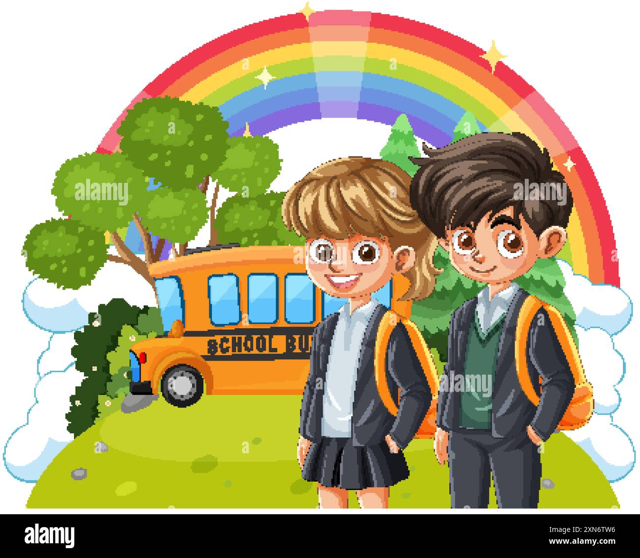 Two kids standing near a school bus Stock Vector Image & Art - Alamy