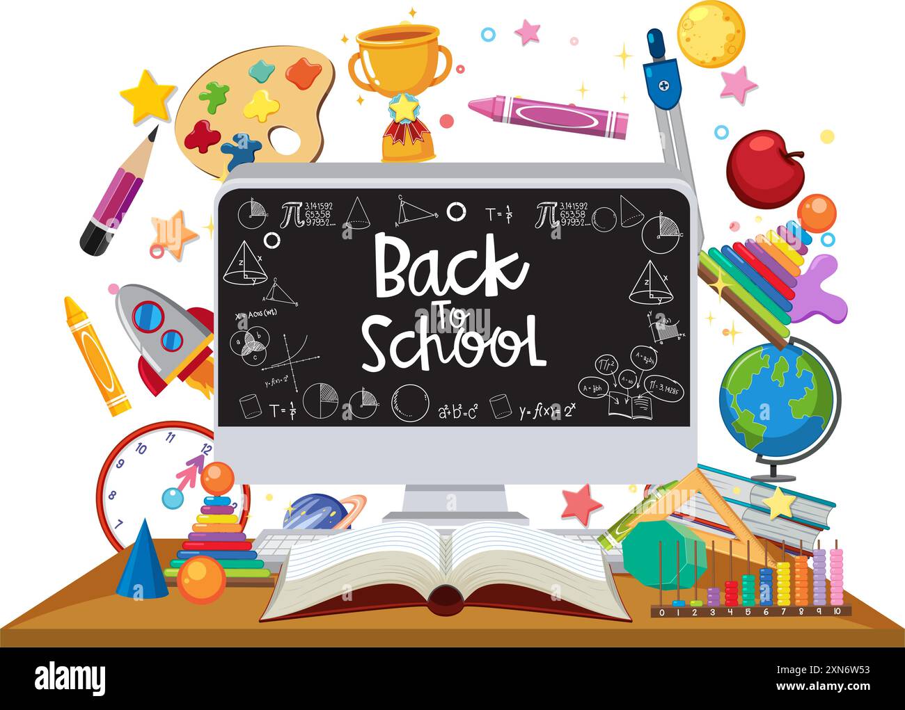 Colorful school supplies around a computer screen Stock Vector Image ...