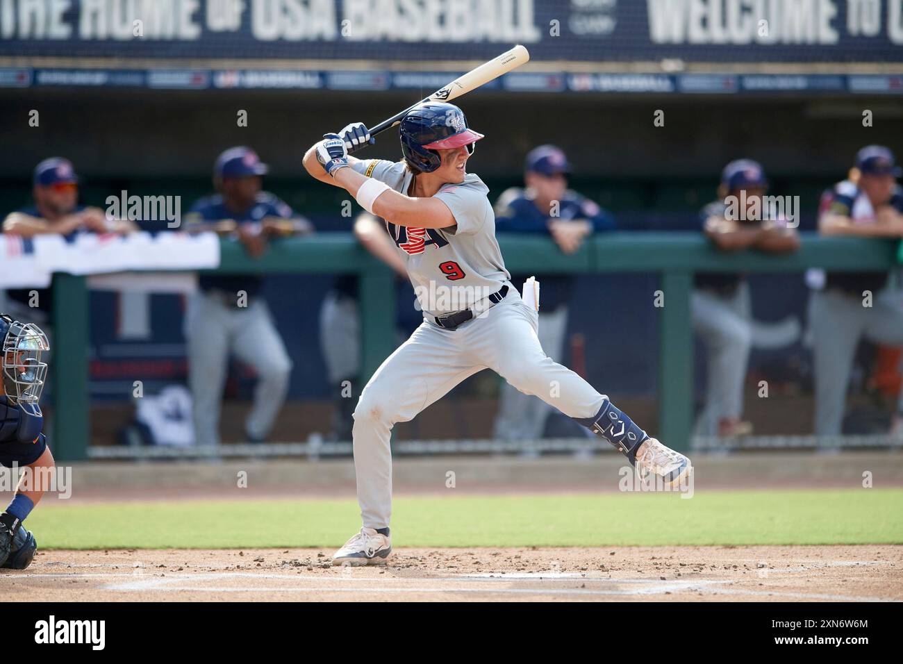 Henry Ford (9) (Virginia) of Team Stripes at bat during a Collegiate ...