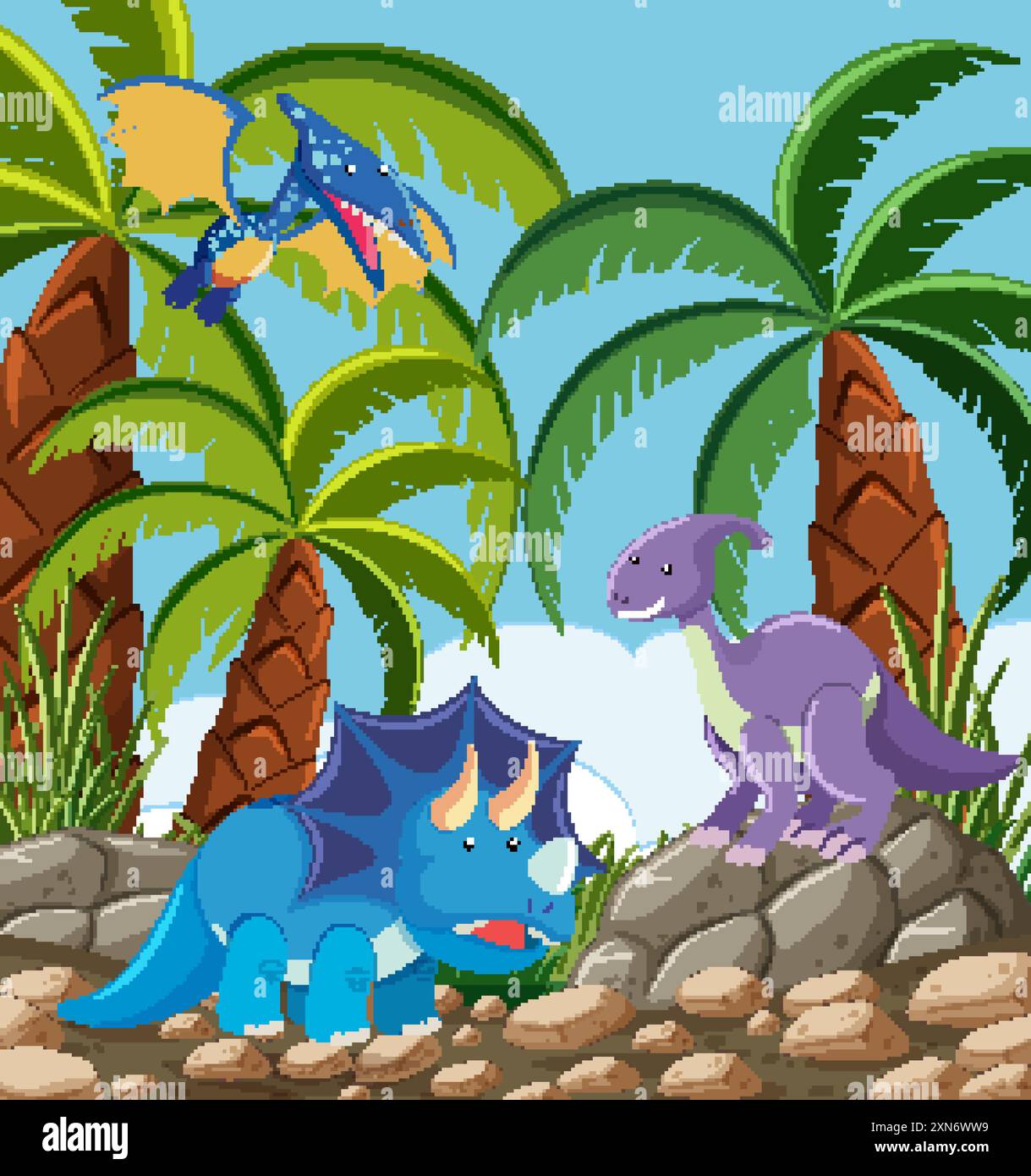 Colorful dinosaurs among palm trees and rocks Stock Vector Image & Art ...