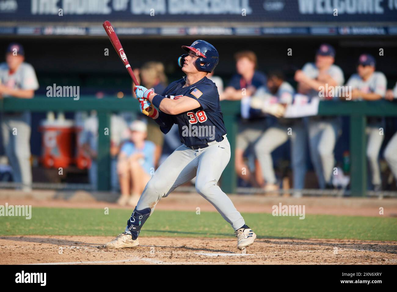 Brooks Bryan (38) (Troy) of Team Stars follows through on a swing ...