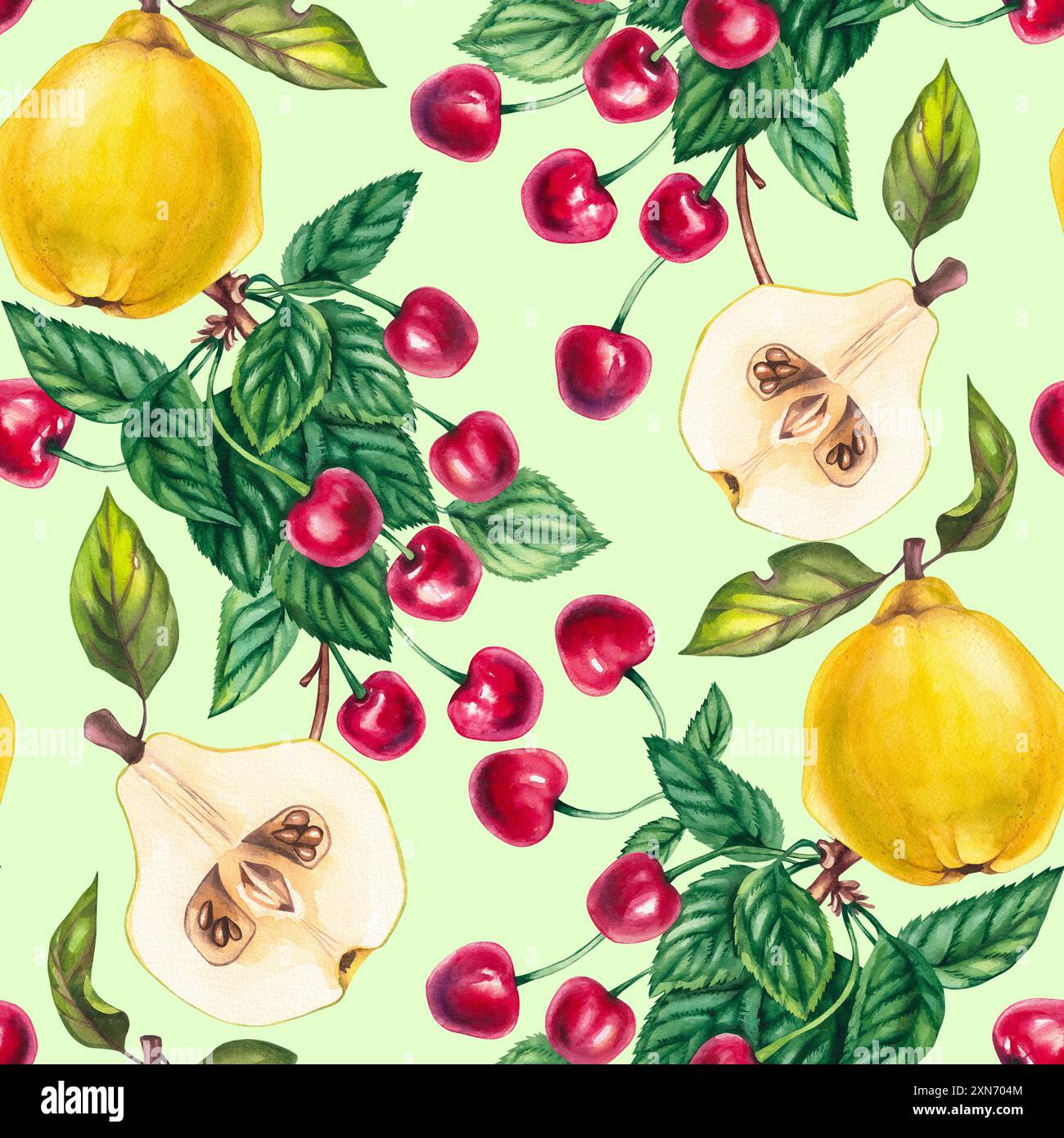 Watercolor fruit pattern with cherries and quince. Berry fruit pattern ...