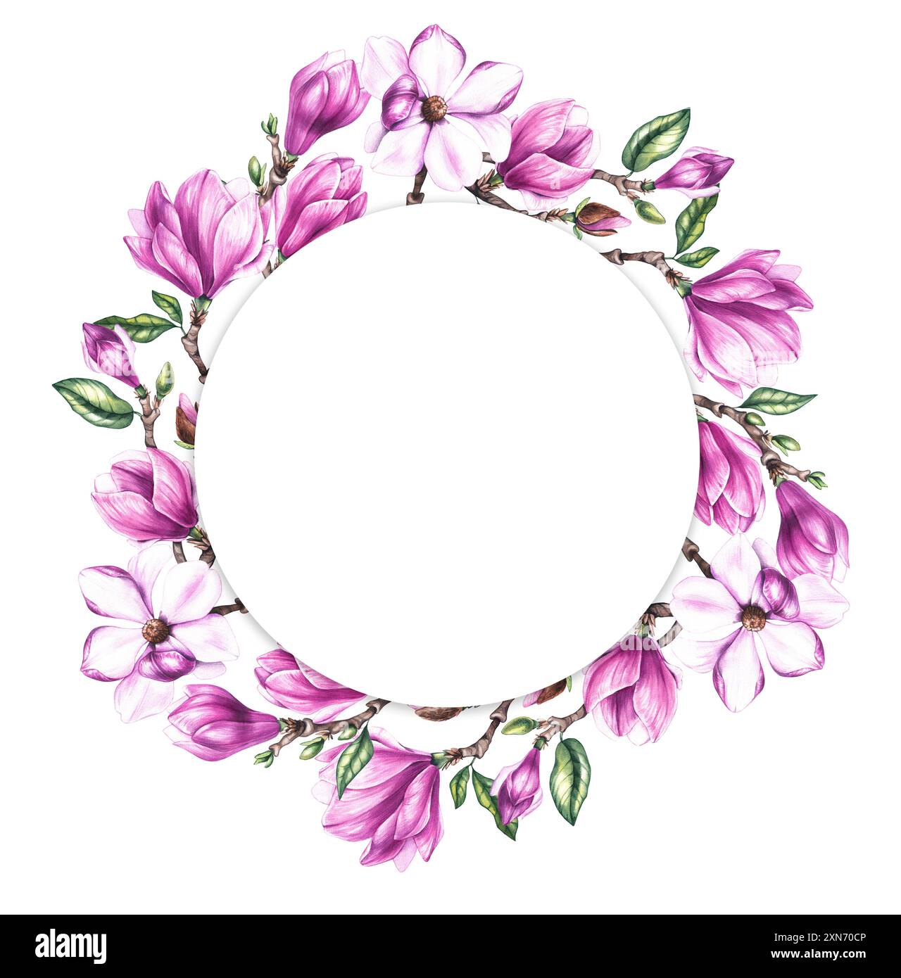 Watercolor magnolia round frame. Pink magnolia frame isolated on white ...