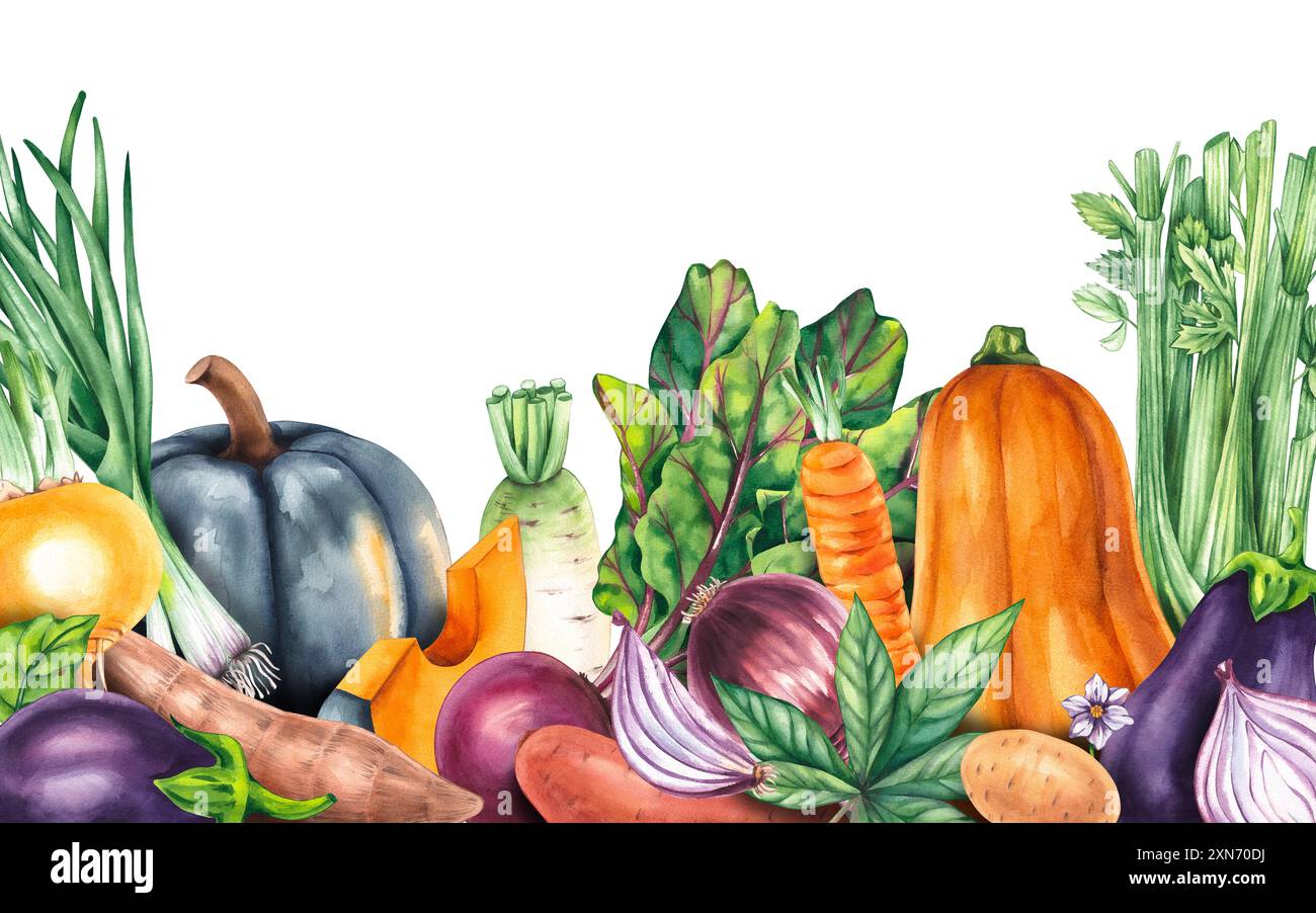 Watercolor vegetables background. Watercolor vegetables root crops and ...
