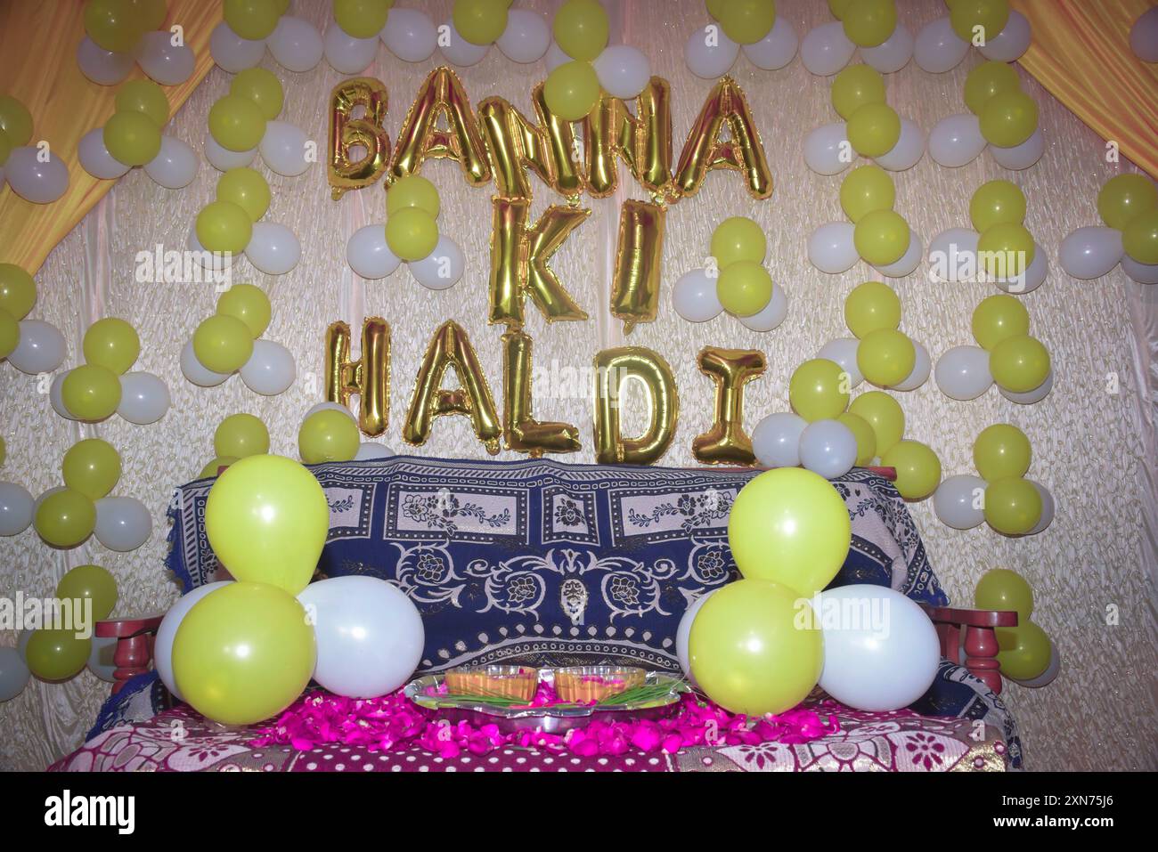 Indian wedding decoration with haldi (meaning - turmeric). Use of white ...