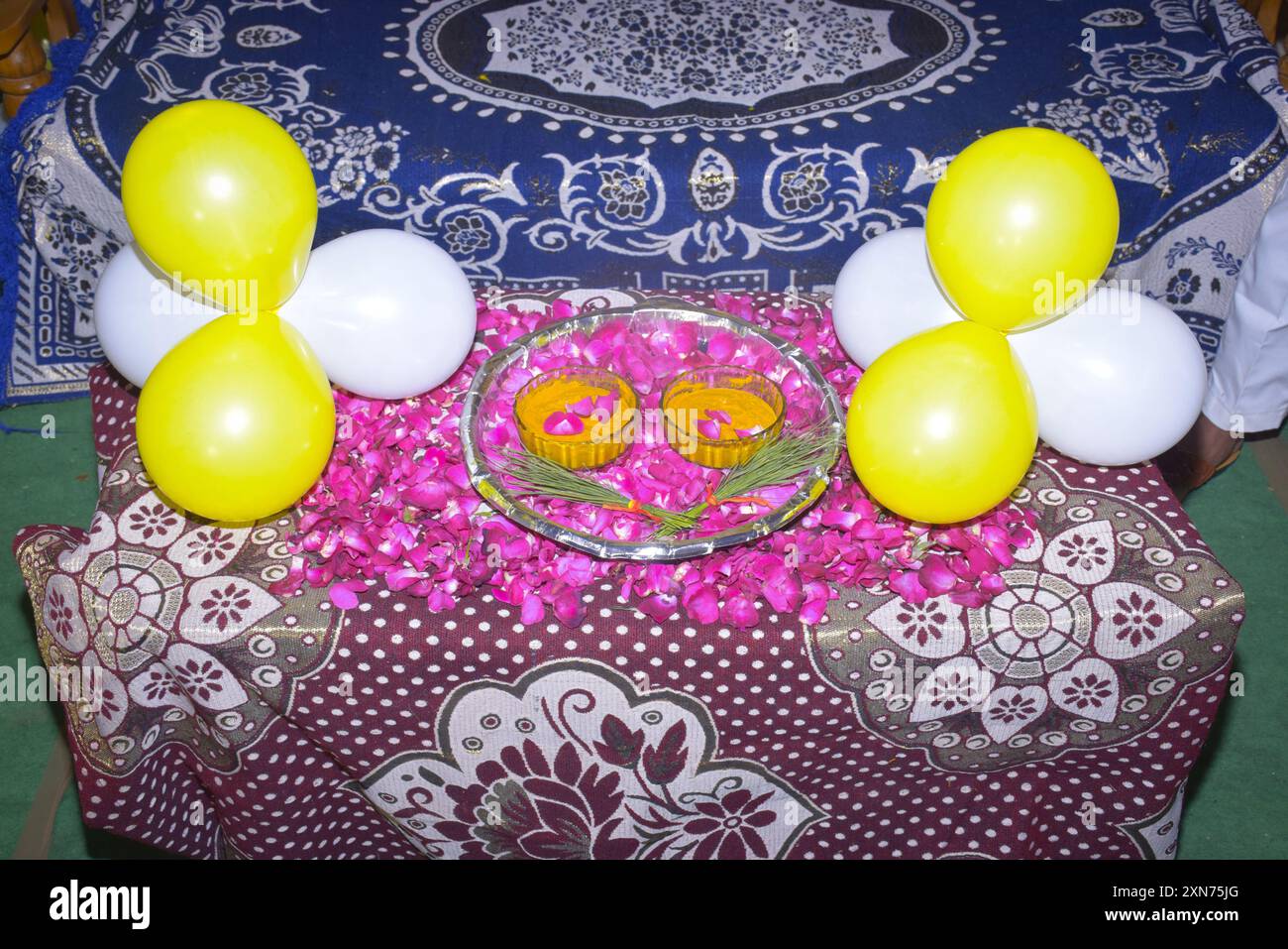 Indian wedding decoration with haldi (meaning - turmeric). using white ...