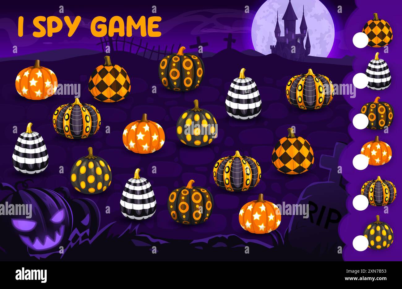 I spy game, Halloween patterned pumpkins on cemetery with scary castle ...