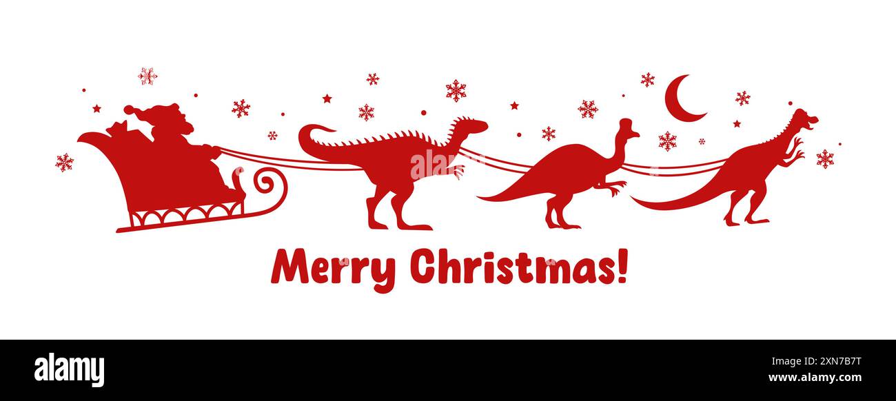 Santa sleigh with dinosaurs silhouette, Merry Christmas vector greeting ...