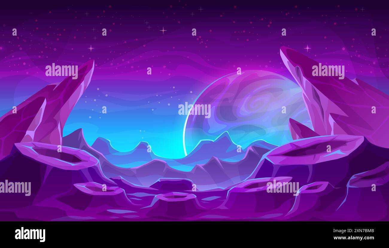 Fantastic alien space purple planet surface, violet mountains and ...