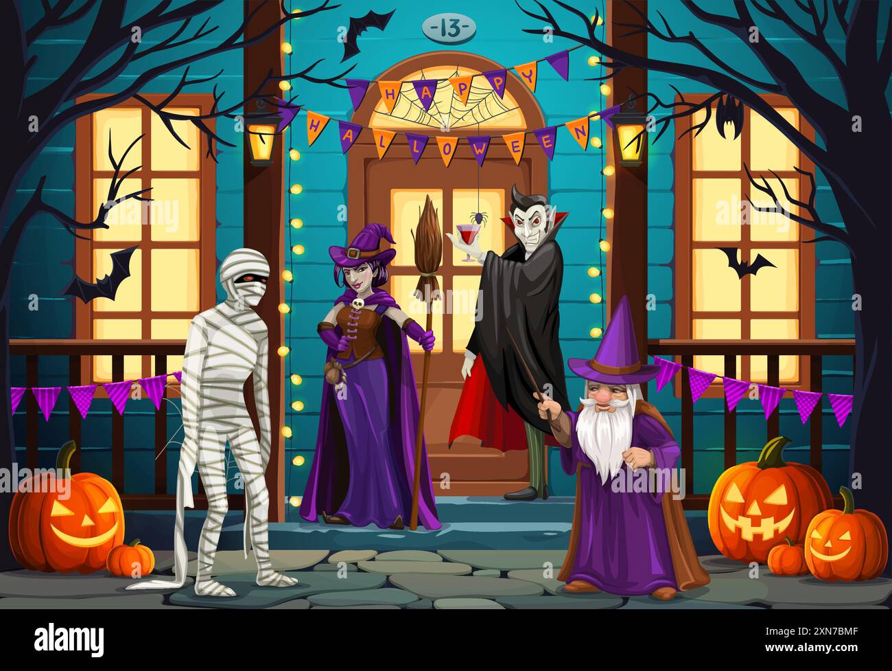 Halloween scary and eerie characters on the door porch. Vector ...