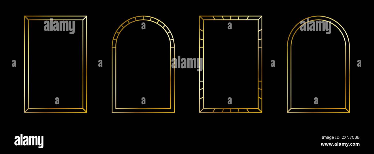 Thin golden frame set. Gold rectangle and arch border collection in art ...