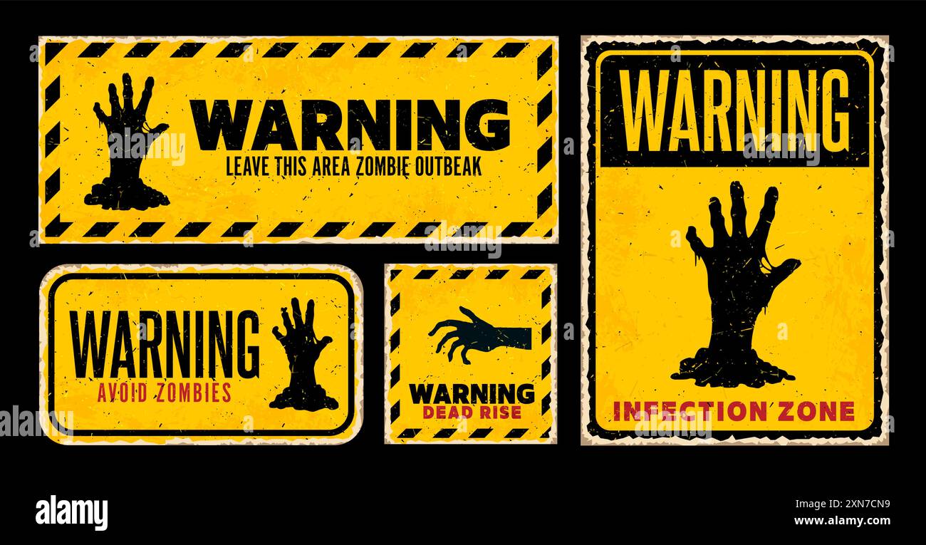 Zombie warning caution signs, Halloween holiday grunge banners of ...