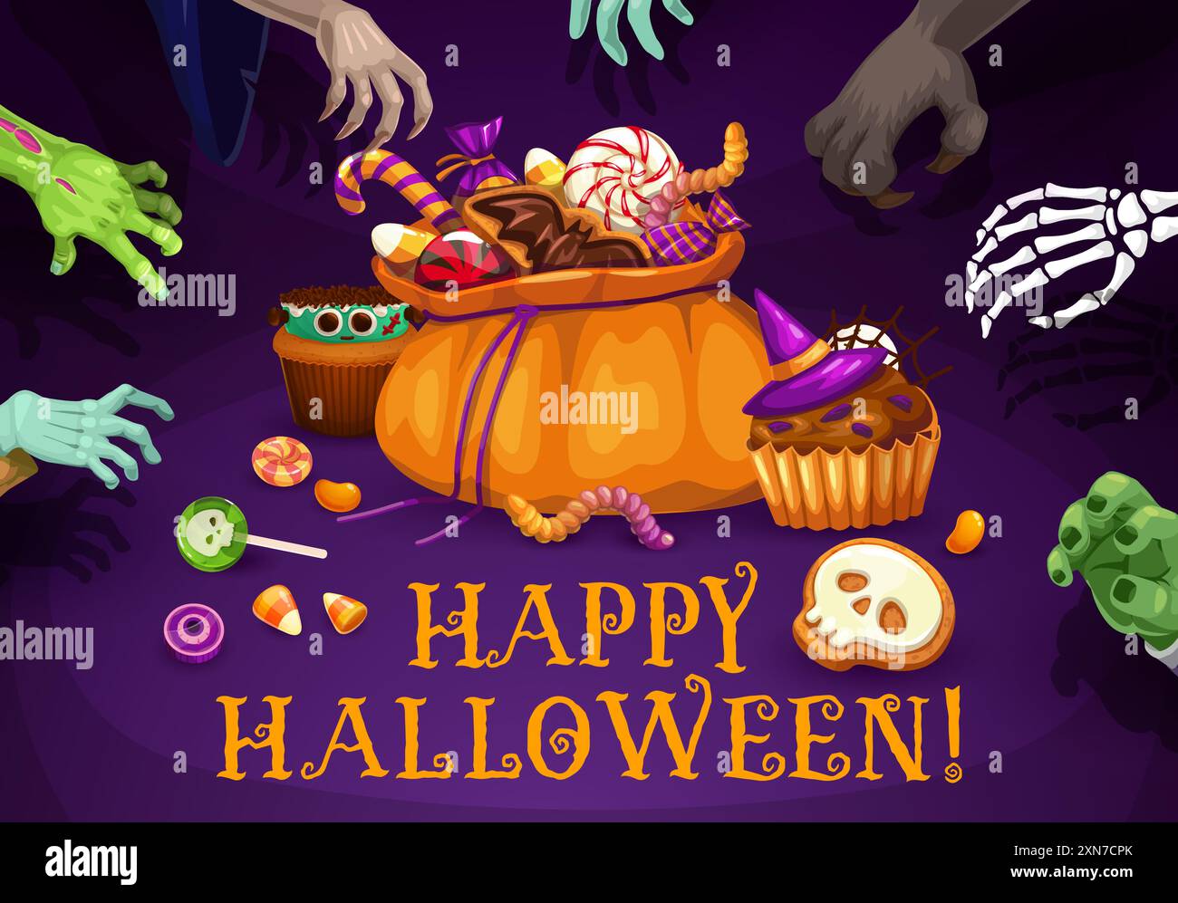Halloween sweets bucket with candies and monster hands. Vector menacing ...