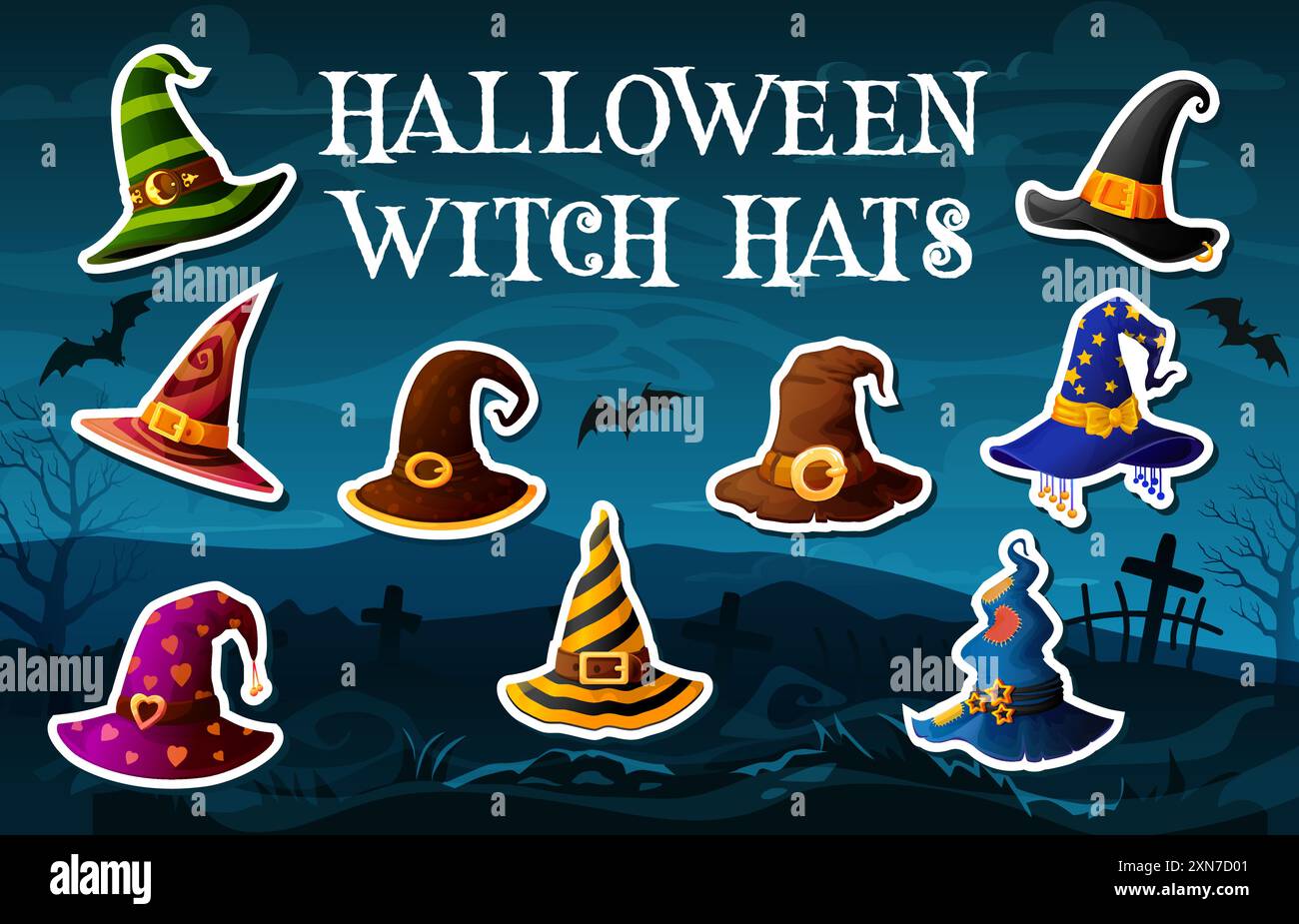 Stickers of Halloween witch hats, evil wizard and magician caps. Vector ...
