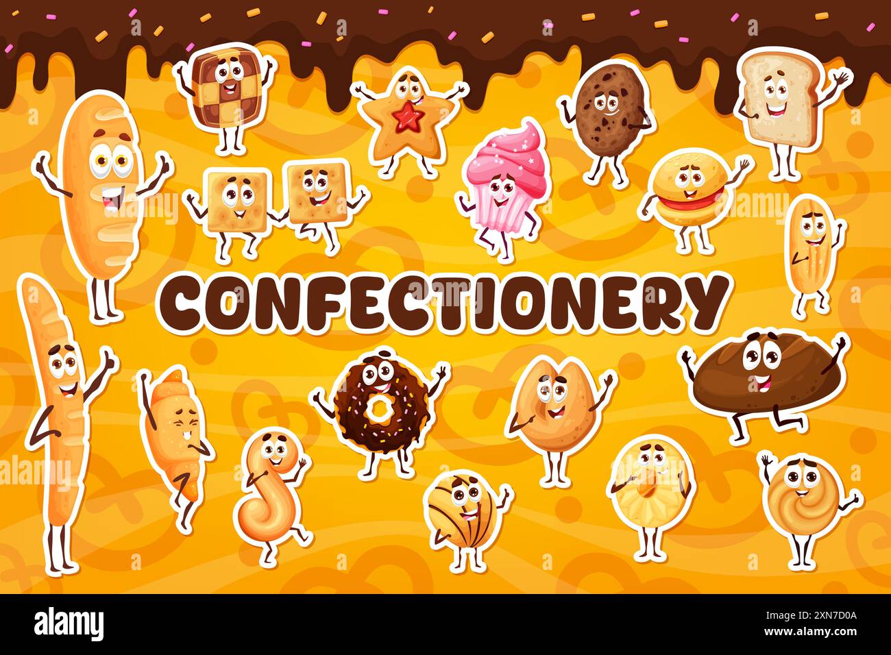 Cartoon funny bakery and pastry characters stickers pack. Vector baked ...