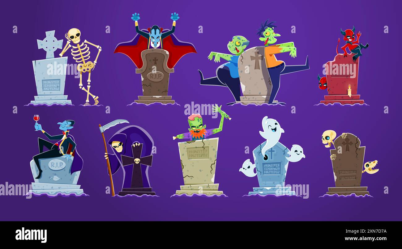 Cartoon Halloween scary characters near tombstones. Vector funny ghost ...