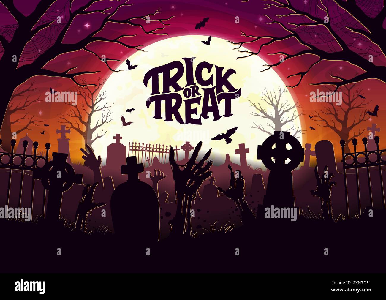 Halloween cemetery landscape with zombie hands and tombstones, vector ...