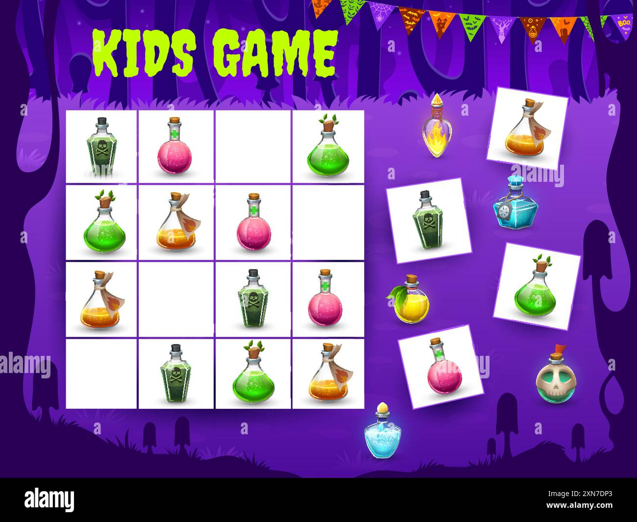 Halloween kids sudoku game with potion bottles. Kids logic quiz ...
