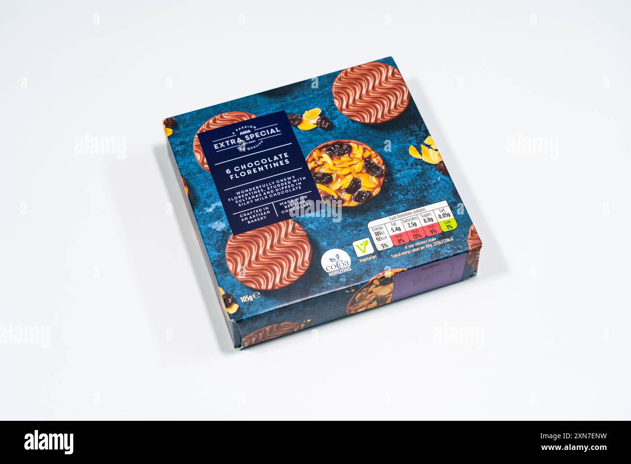 A box of ASDA Extra Special Chocolate Florentines on white background ...